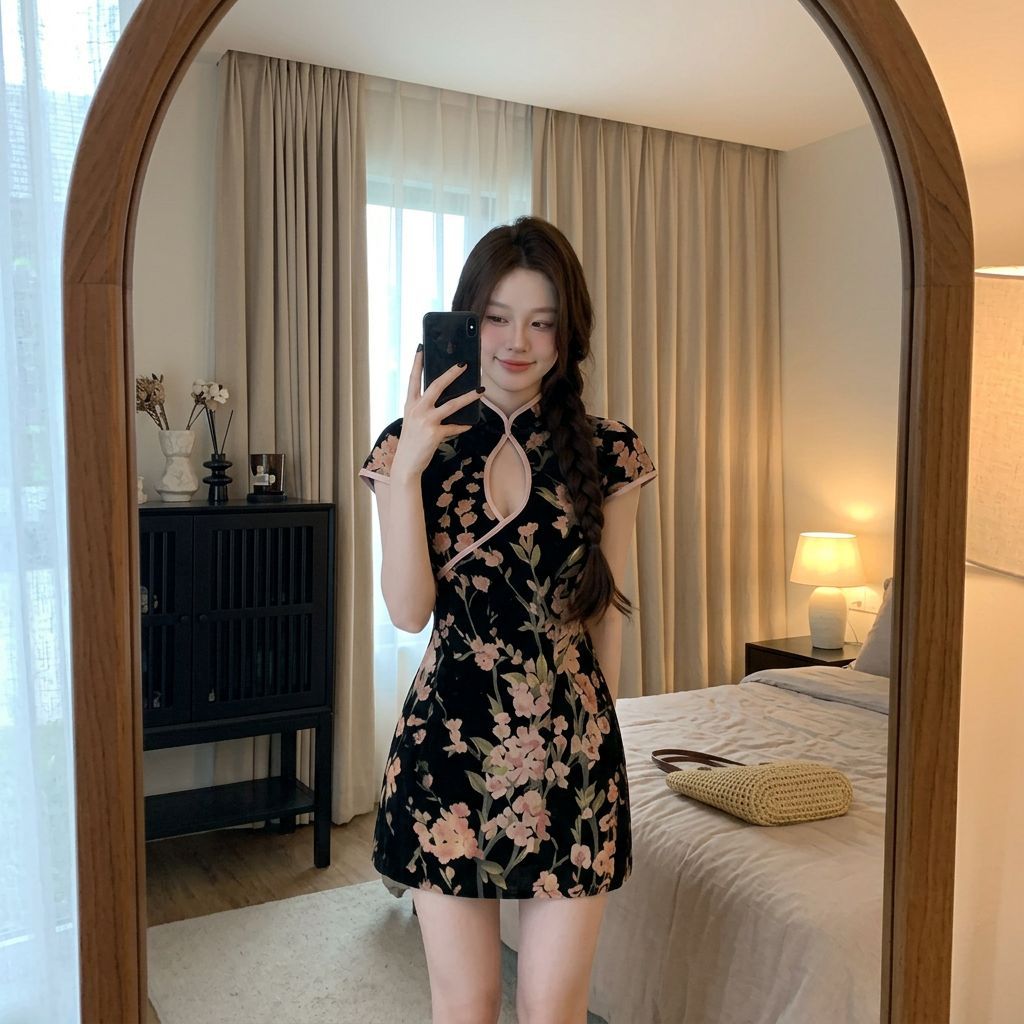 夏季新中式温柔淑女风气质优雅旗袍镂空拼接收腰显瘦黑色短袖短裙