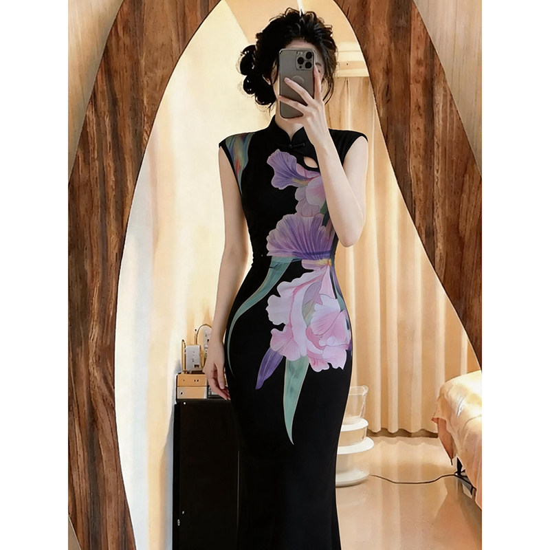 【鸢紫】新中式改良旗袍连衣裙女 无袖收腰印花长裙