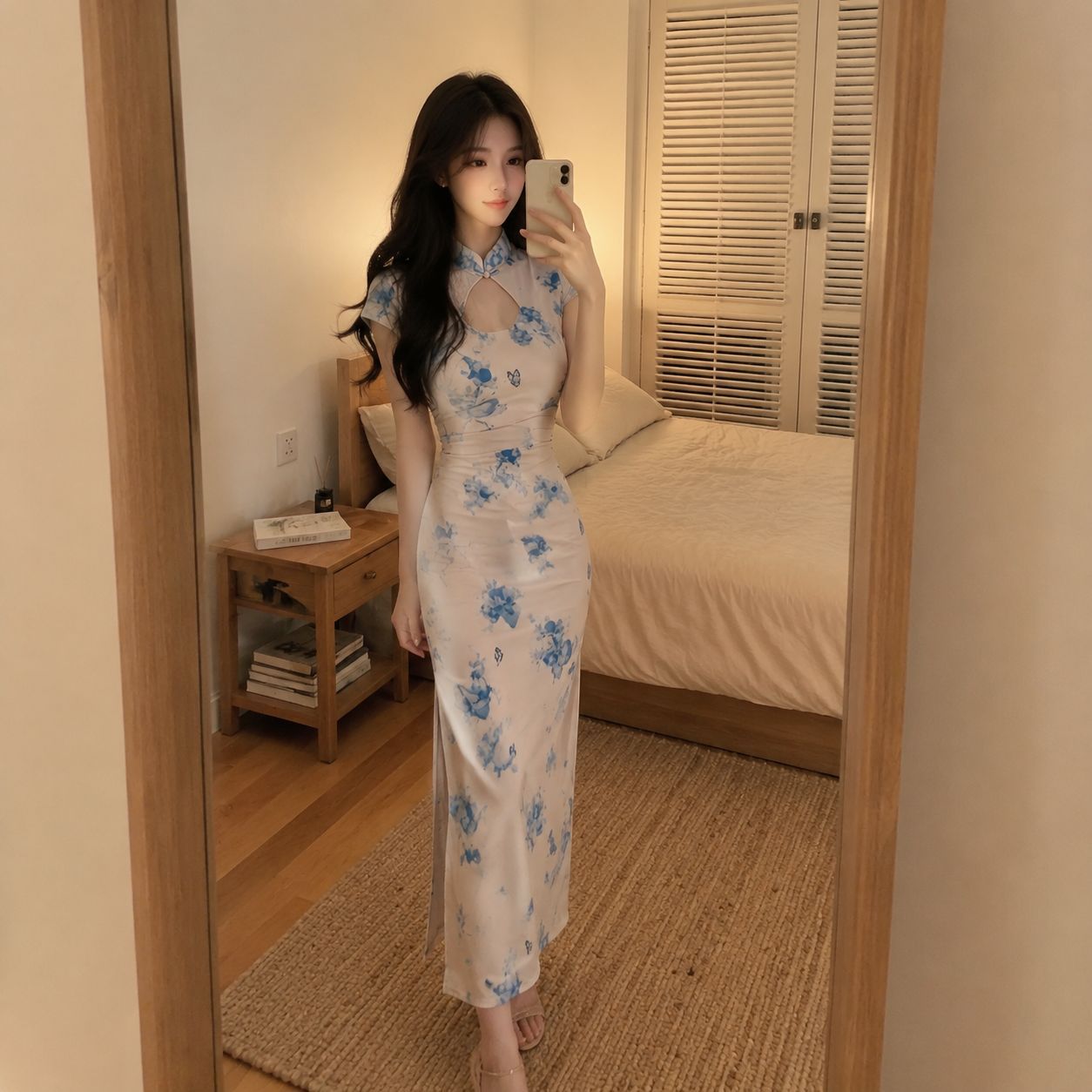 【溪亭日暮】杏底蓝调花卉印花镂空旗袍女26夏季修身气质大方长裙