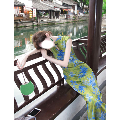 【碧染蓝烟】潇夫人自制新中式国风印花绿色旗袍连衣裙夏绝美长裙