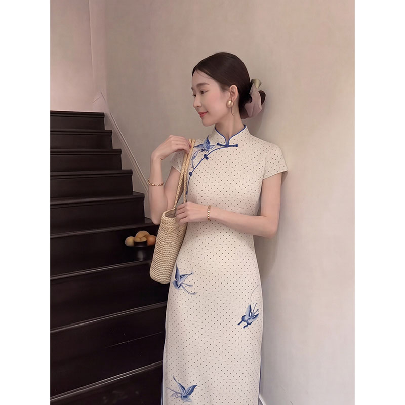 2026大码夏季新中式蝴蝶波点改良旗袍连衣裙女复古立领修身显瘦裙
