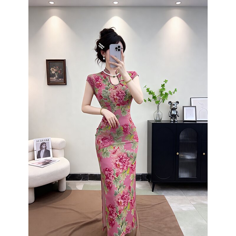 气质优雅国风日常改良旗袍女年轻款显瘦弹力网纱印花新中式连衣裙
