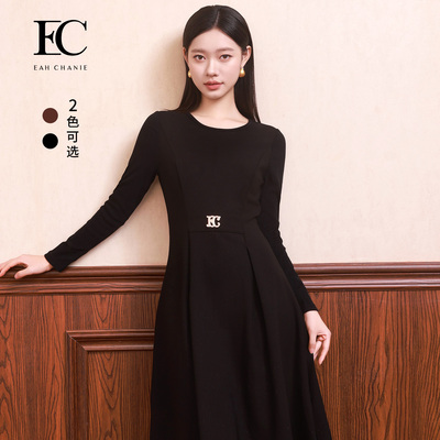 奕辰圆领通勤收腰简约中长连衣裙