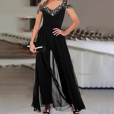 V-neck off shoulder high waisted jumpsuitv领露肩高腰连体裤女