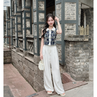 【弗拉明戈】小娜椒小个子洋气复古绣花亮片马甲休闲裤时尚套装女