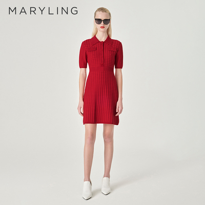 MARYLING玛俪琳奥莱outlets春嫣红色衬衫领针织连衣裙A1EBW04040