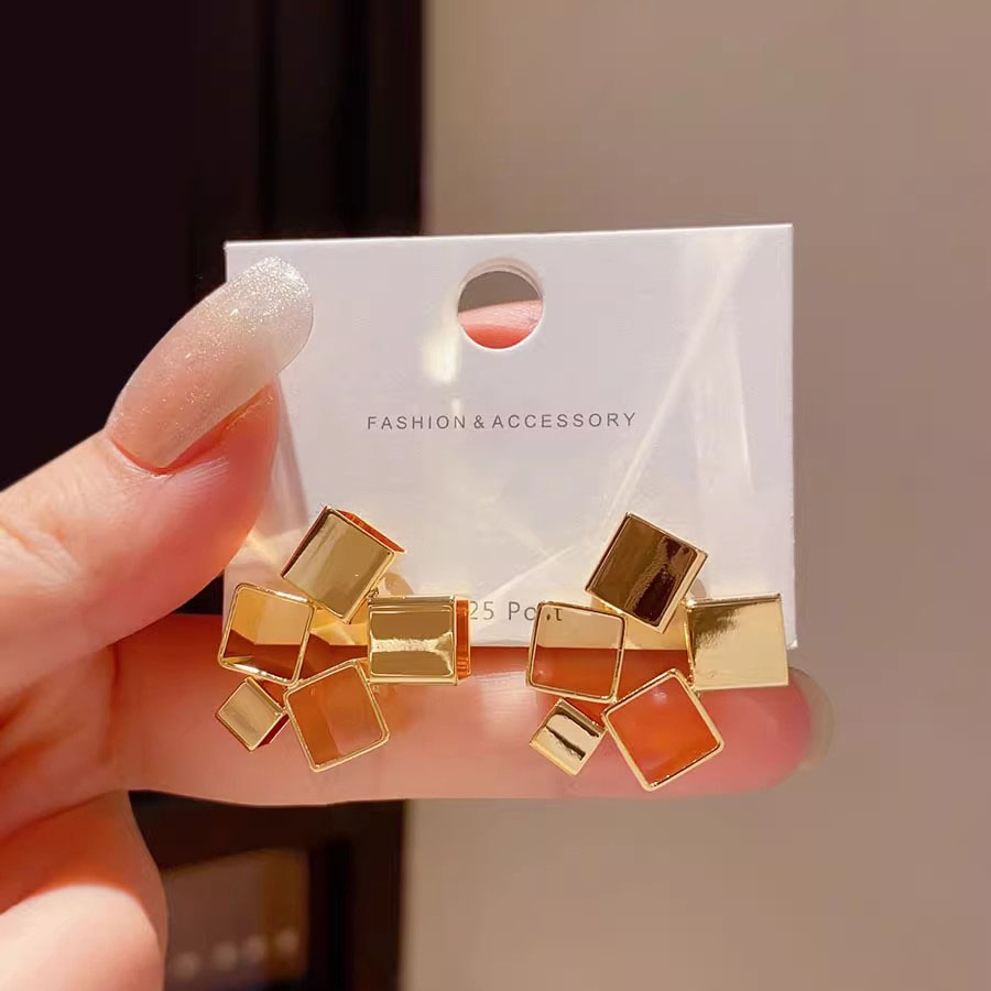 高级感欧美几何不规则拼接方块耳钉耳环女小众冷淡风18K金色耳饰