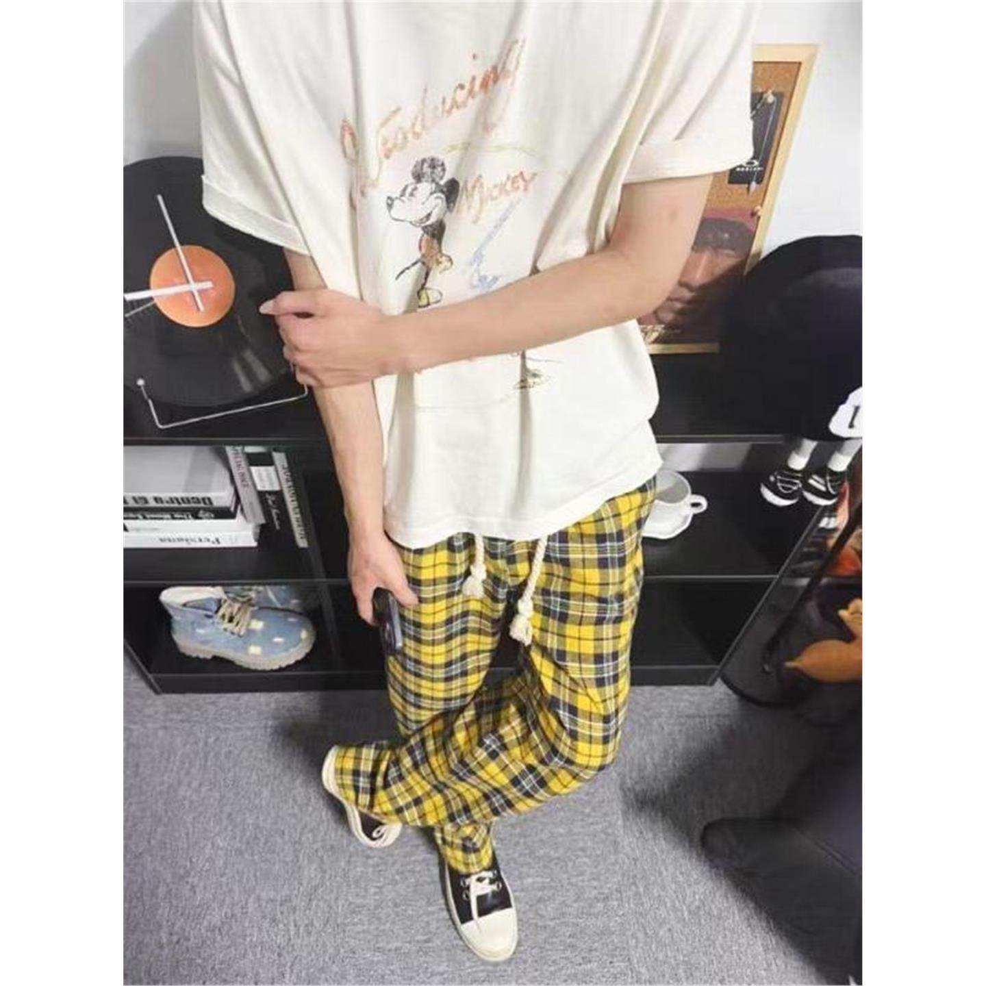 黄色格子长裤男生cleanfit个性潮牌慵懒休闲格纹裤美式宽松阔腿裤