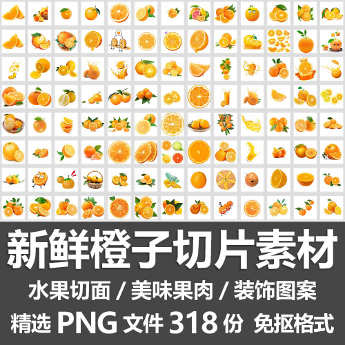 新鲜橙子切片素材/美味果肉脐橙橘子水果切面装饰图案PNG免抠素材