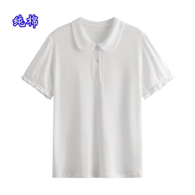 纯棉P0LO衫女短袖T恤夏季薄款小D众棉质设计感白色上衣打底衫外贸