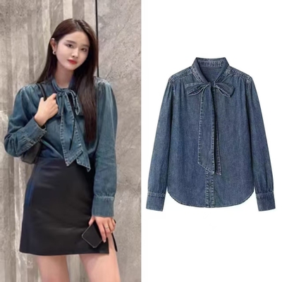 宽松显瘦气质系带牛仔长袖衬衫