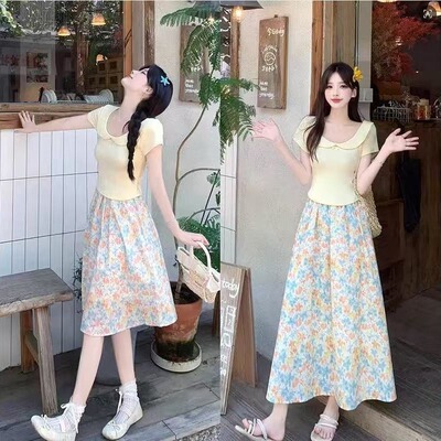 2167TS#大码套装女淑女夏短袖上衣胖MM遮肚藏肉印花半身裙两件套