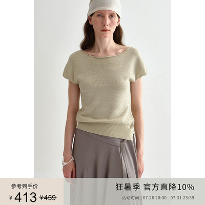 PLANITES 亚麻棉干爽透气 斜肩设计下摆纽扣收腰针织上衣