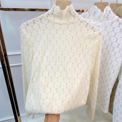 秋冬打底衫镂空钩花蕾丝洋气高领毛衣内搭修身网纱长袖上1226k