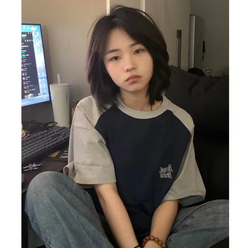 短袖t恤女夏季潮牌插肩袖宽松纯棉拼接美式复古大码女装显瘦上衣