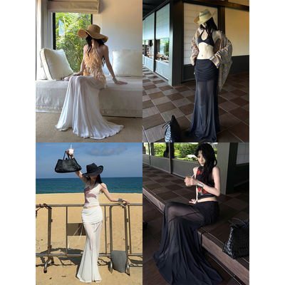 Common in 0120 垂坠褶皱透视感网纱裙夏季气质显瘦百搭长裙