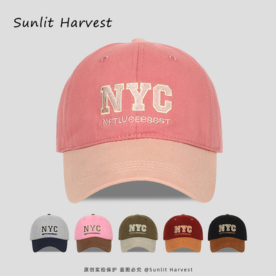 美式复古拼色百搭字母刺绣棒球帽子女深顶大头围显脸小遮阳鸭舌帽