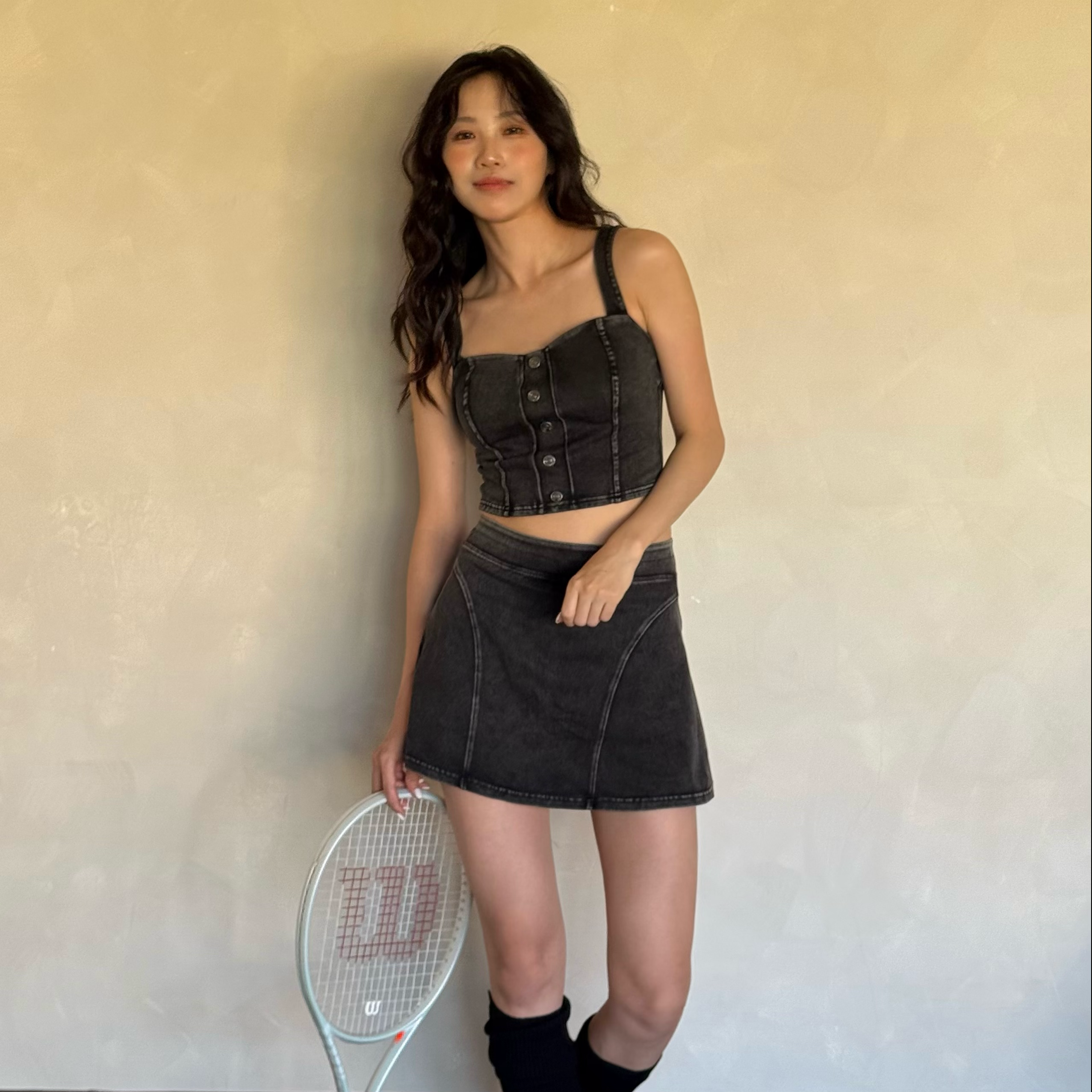 kokoyaya网球服牛仔套装美背瑜伽背心短裙假两件半身裙防走光