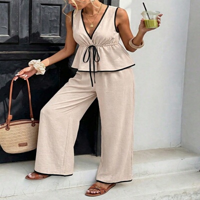 Vneck sleeveless top striped pant setV领无袖上衣条纹长裤套装