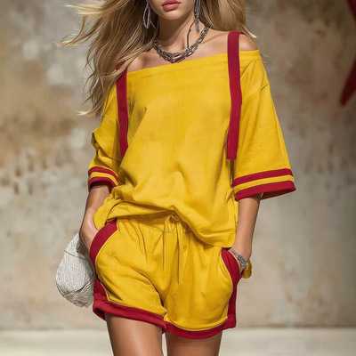 Color blocked pocket shorts T-shirt set拼色口袋短裤T恤套装