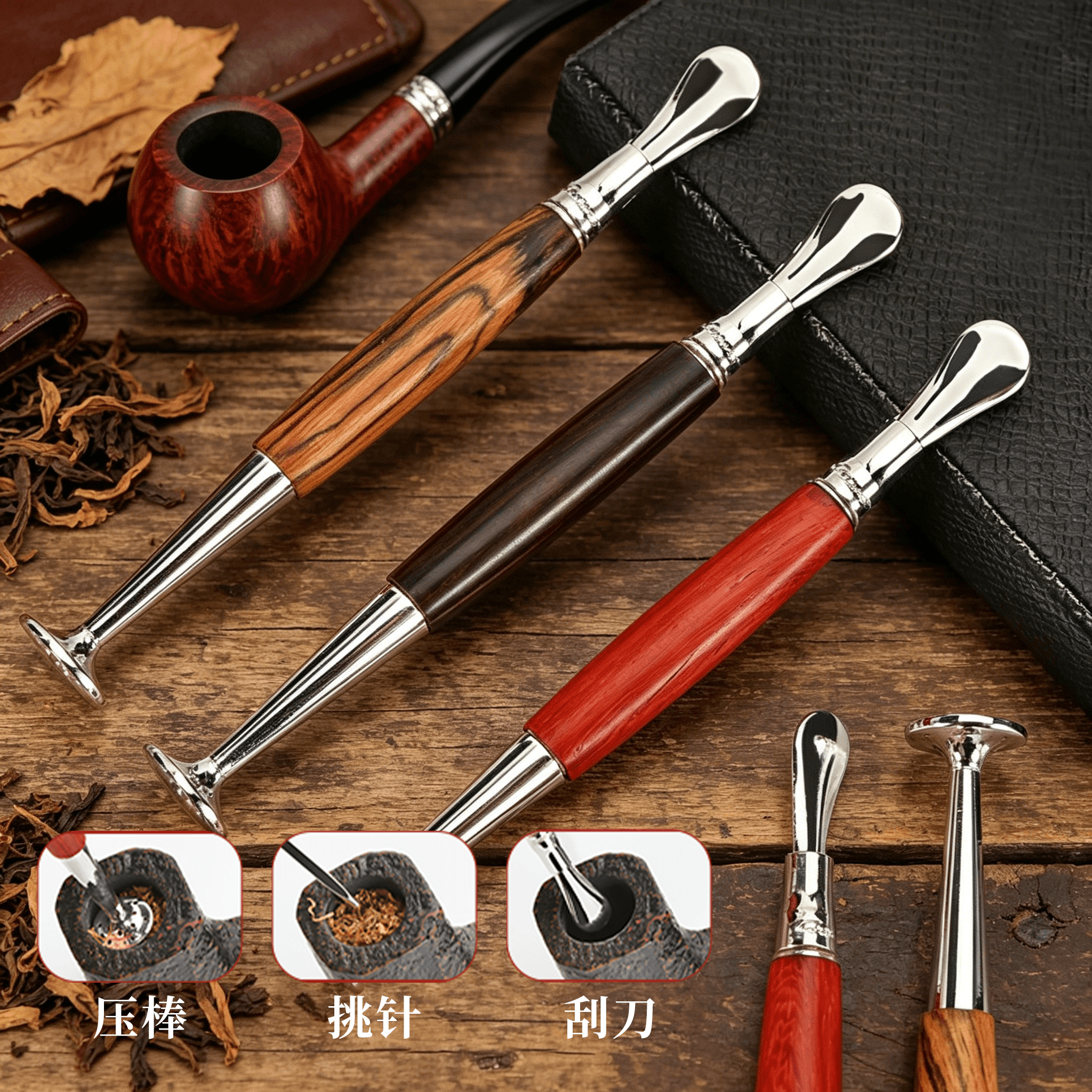福腾烟斗压棒三合一实木烟斗配件防熄火工具烟刀修碳通针压棒烟具