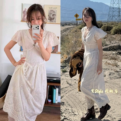 在途现货 fletta 26春夏新款 收腰显瘦刺绣蕾丝花边V领短袖连衣裙