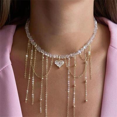 Fashion Vintage Tassels Zircon Heart Pendant Necklace For Wo