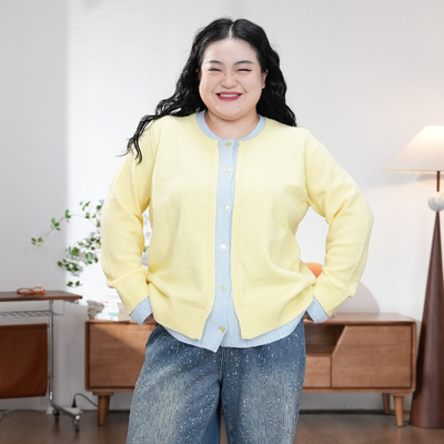 【福饮沸别】大码胖mm秋冬款撞色拼接假两件毛衣F620