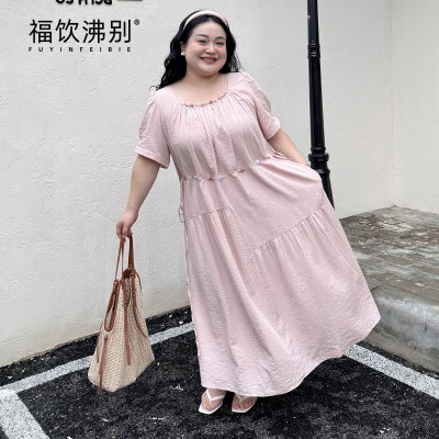 福饮沸别【粉雾海】大码胖mm显瘦松弛感串珠收腰连衣裙-2407