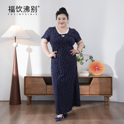 福饮沸别【碎蓝甜韵】大码胖mm甜美风蕾丝V领碎花修身连衣裙2229
