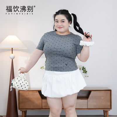 福饮沸别【波点少女】大码胖mm休闲显瘦日常百搭灰色短袖T恤-2101