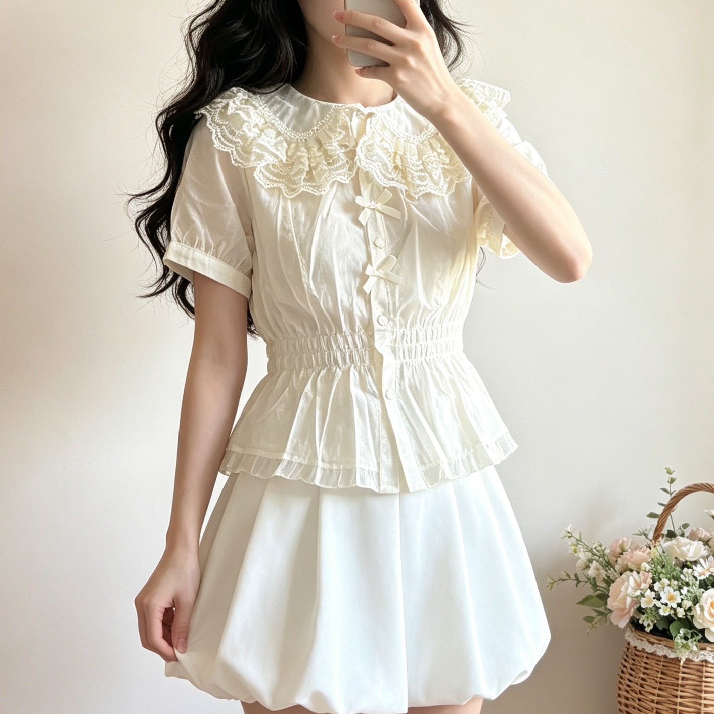 lolita衬衫日系软妹娃娃领短袖洋装修身内搭泡泡袖上衣女夏洛丽塔
