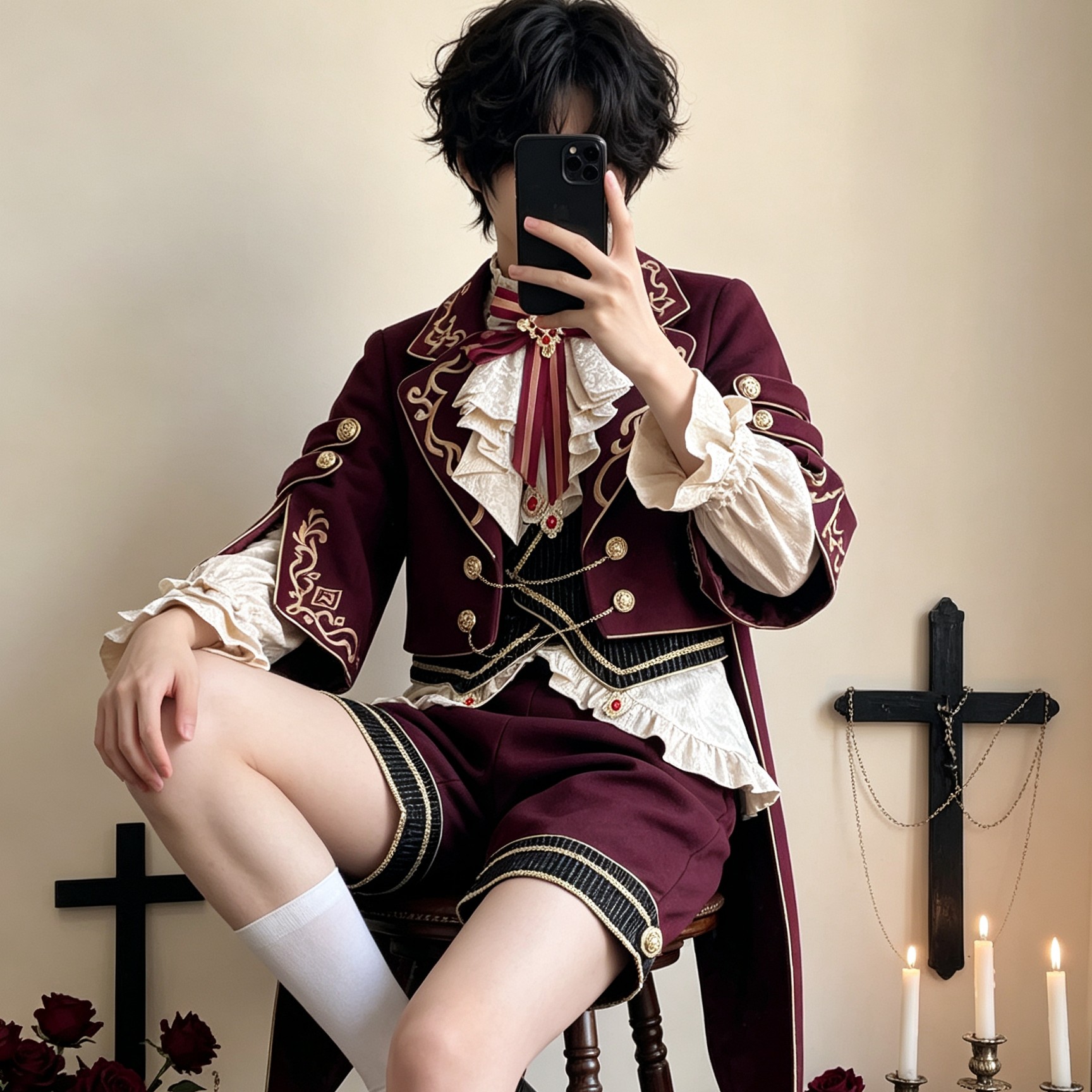 王子装洛丽塔继承人复古酒红刺绣外套短裤套装正太少年感军Lolita