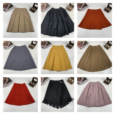 vintage古着日制秋冬毛半裙港风复古文艺纯色港风百搭百褶裙-314