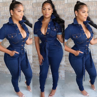 Collar Short Sleeve Buttons Bodycon Denim Jumpsuit Overalls