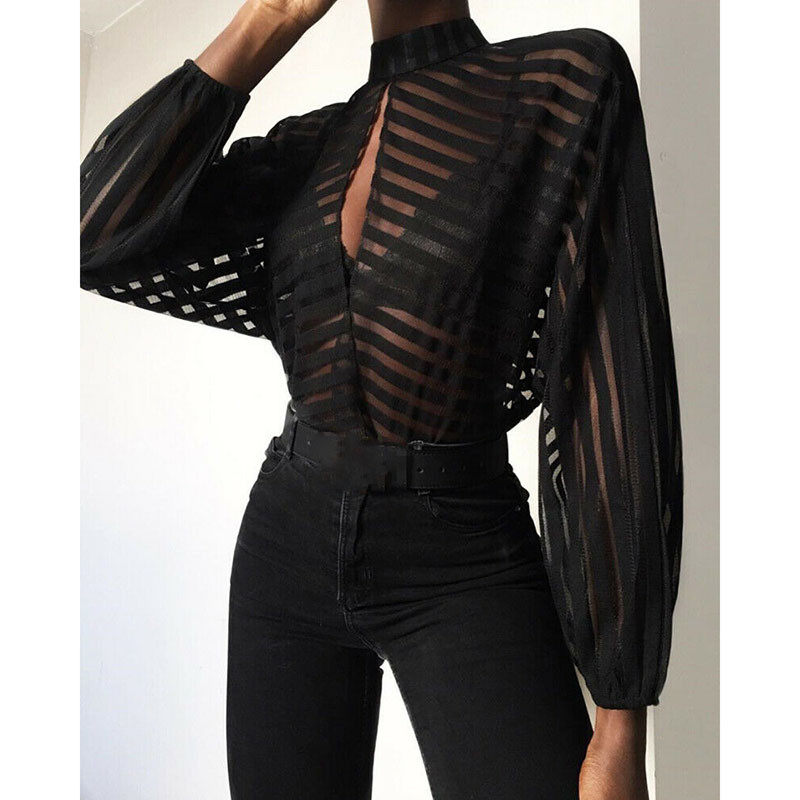 Shirt Casual Long Sleeve Tee Tops Balck Transparent Clubwear