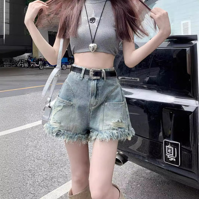 复古牛仔破洞毛边短裤女