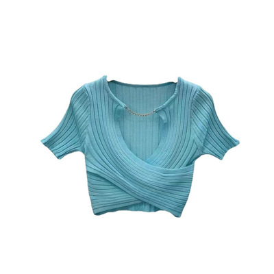 纯色性感镂空修身短袖上衣