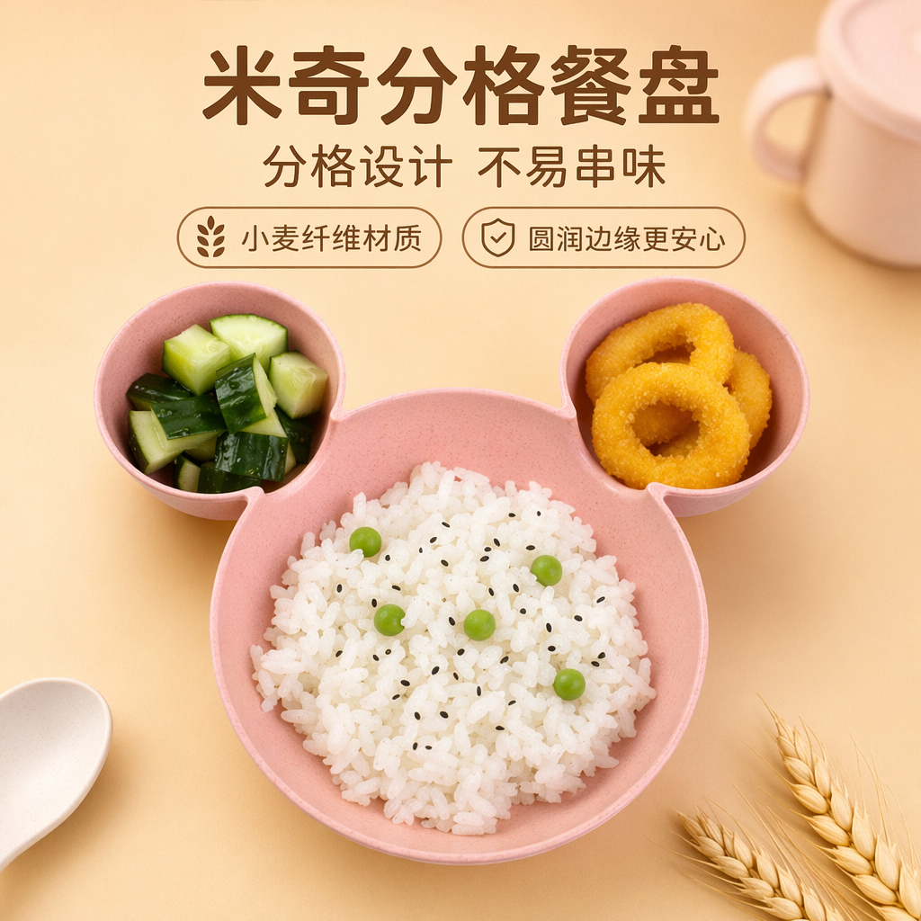 羽沁马卡龙配色卡通米奇耳朵餐盘小麦秸秆早餐餐具环保可降解家用