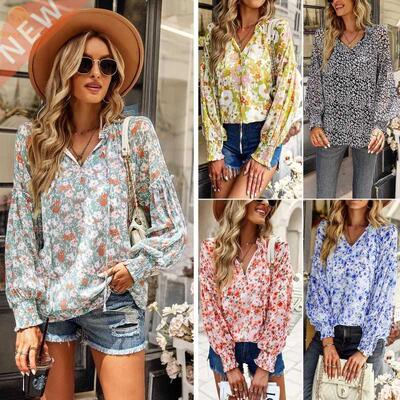 Blue Leisure floral Long Sleeve shirts shirt women White