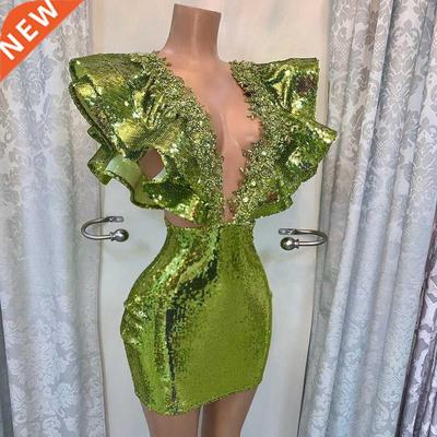 Green Sequined Prom Gowns Short Beaded Deep V-Neck Duabi Par