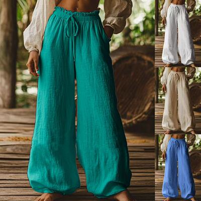 Solid color elastic waistband tied pants纯色松紧腰系绳长裤女