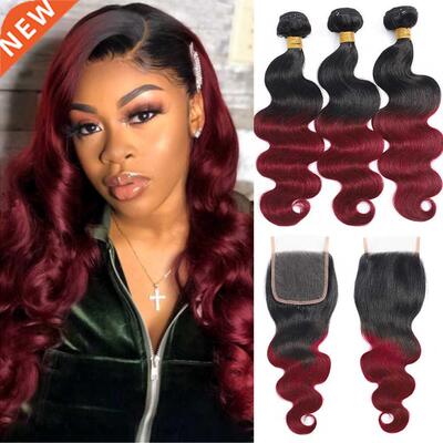 Body Wave Ombre Bundles With Closure 1B/99J Two Tone Human H