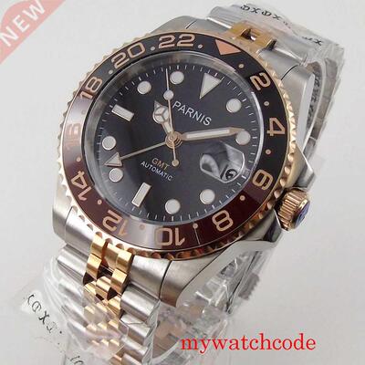 40mm PARNIS GMT Automatic Men Watch Sapphire Glass Rose Gold