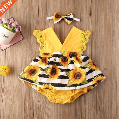 Newborn Baby Girl Clothes Lace Ruffle Sunflower Print Romper