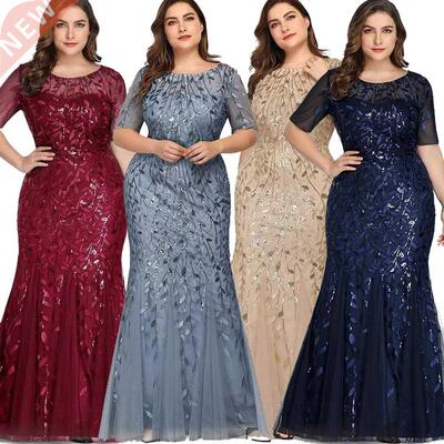 Plus Size Sequin Mesh Mermaid Slim Evening Dress Beaded Leav
