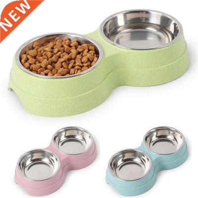 Double Pet Bowls Dog Food Water Feeder Stainless Steel Pet D
