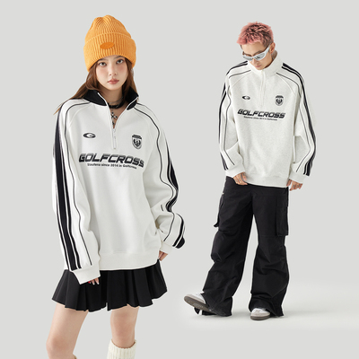 GOLFCROSS学院风侧边条纹撞色半拉链宽松小立领套头卫衣男女同款
