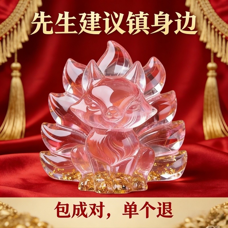 新中式水晶狐狸摆件桃花玄学九尾狐摆件国学饰品红水晶狐狸招桃花