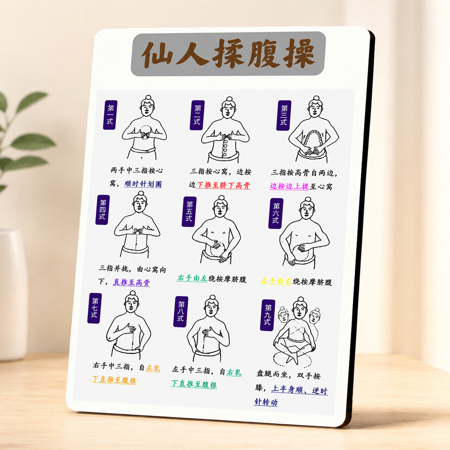 仙人揉腹操手法图摆台养生馆桌面装饰中式养生知识提示摆件